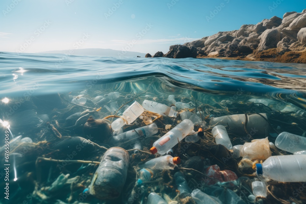 Garbage floats in the ocean. Ecological catastrophy. Polluted Ocean ...