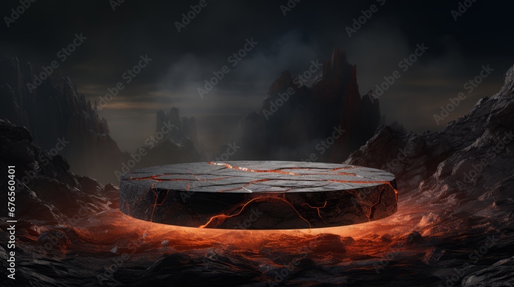 Fire lava podium rock volcano background product magma display 3d scene ...
