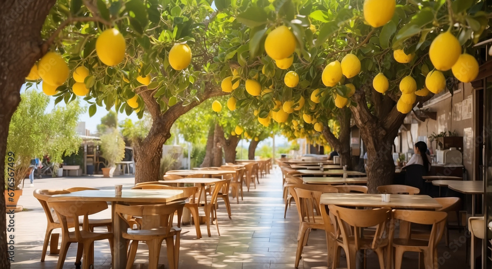 a lot of lemon trees, a cafe where no one is present, a photo taken ...