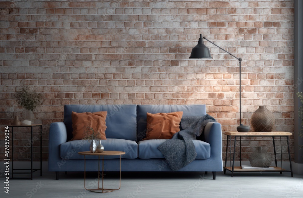 A living room with a blue couch and lamp facing a brick wall Stock ...