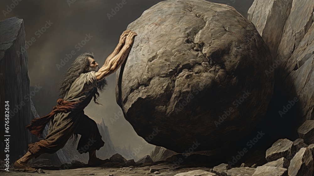 ภาพประกอบสต็อก Sisyphus is pushing a rock up a mountain. The enduring ...