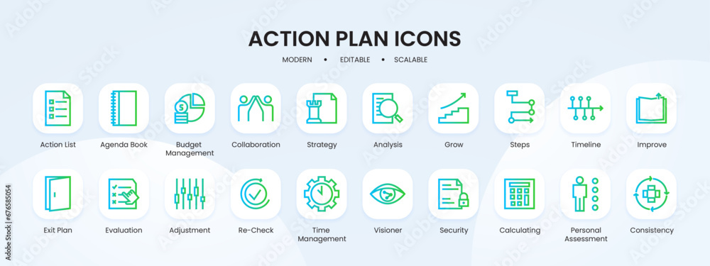 Action plan icon collection with blue and green gradient outline style ...