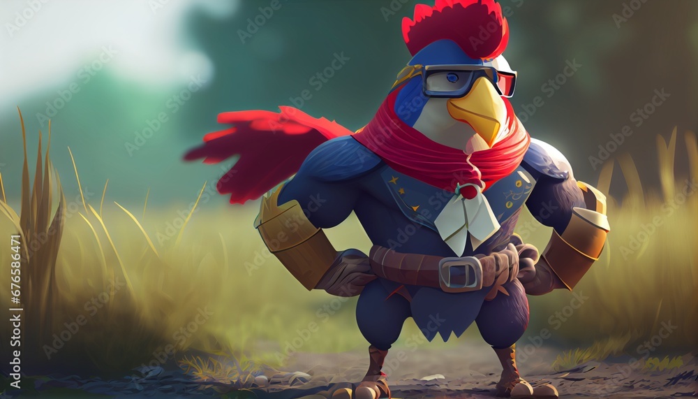 Cute Cartoon Rooster Superhero on a Farm Stock Photo | Adobe Stock