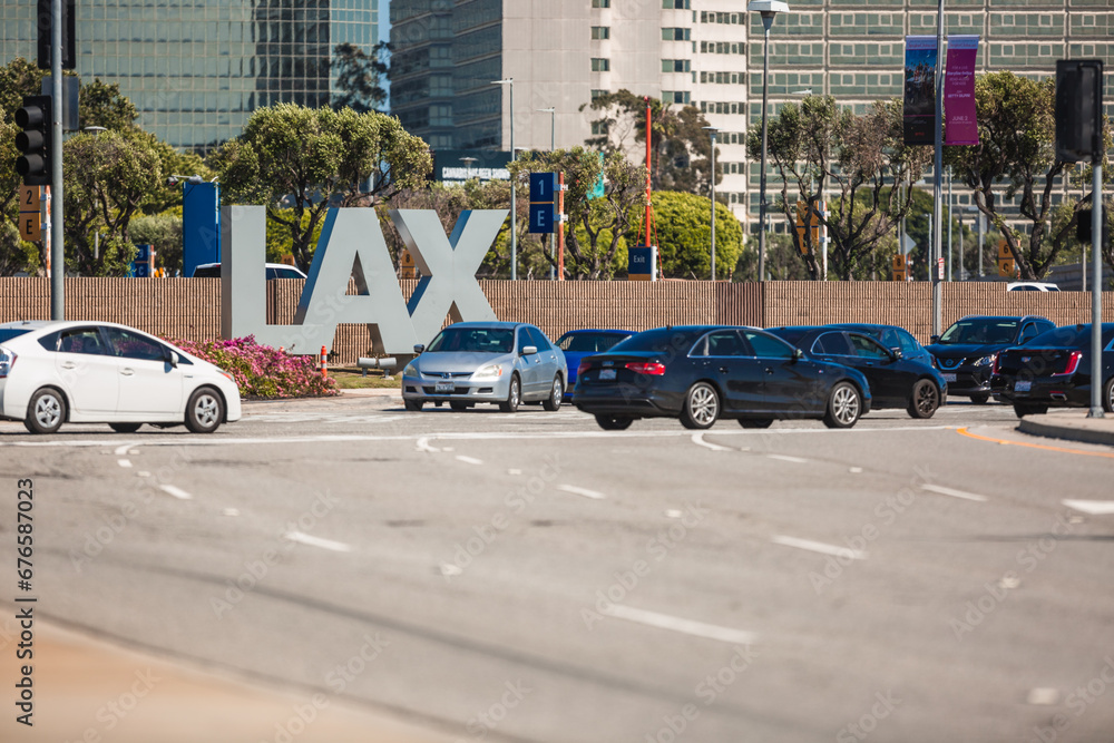 LAX Los Angeles International Airport welcome Sign and pylons at Night ...