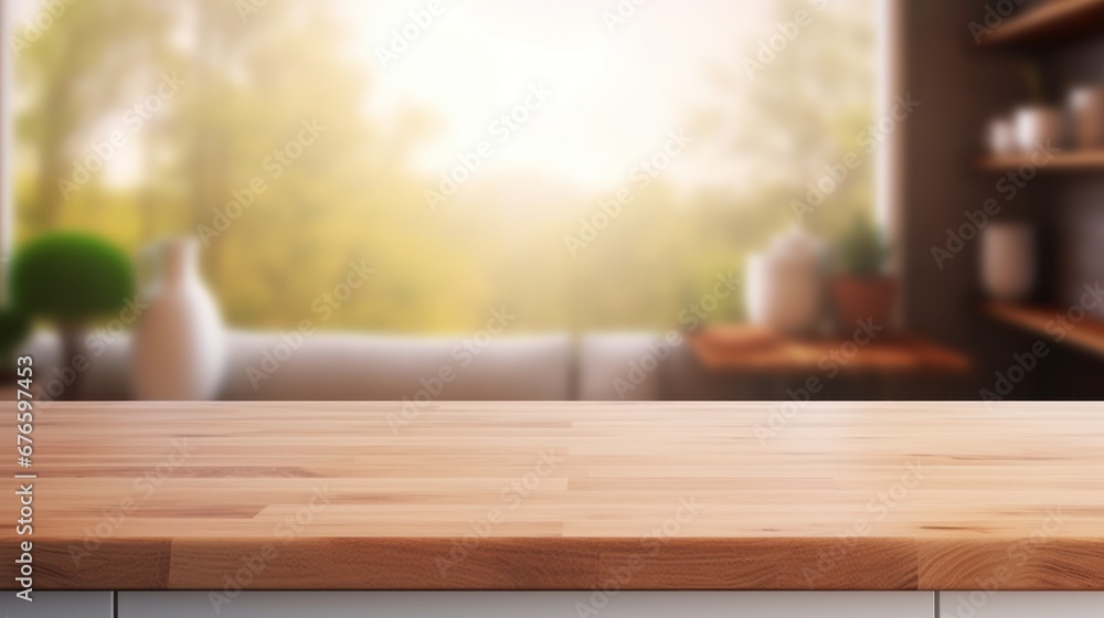 Wooden table on blurred kitchen bench background, Advertisement, Print ...