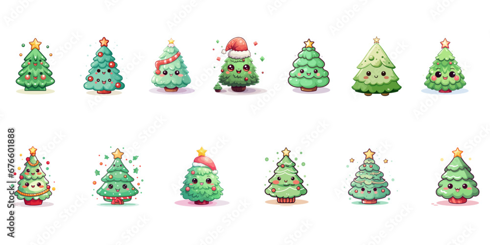 collection of various vector colorful cute kawaii christmas tree ...
