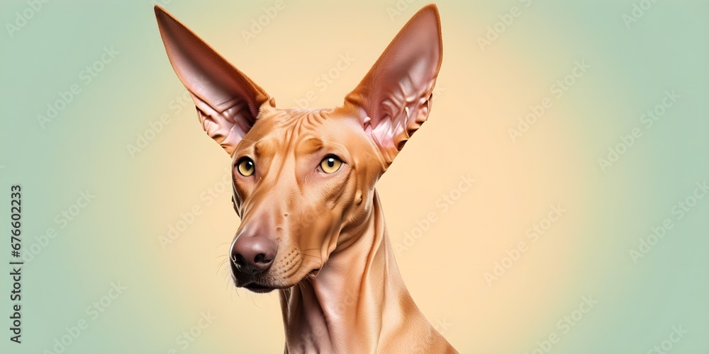 Studio portraits of a funny Pharaoh Hound dog on a plain and colored ...