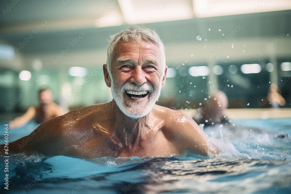 Elderly people doing exercise in swimming pool, seniors practicing ...