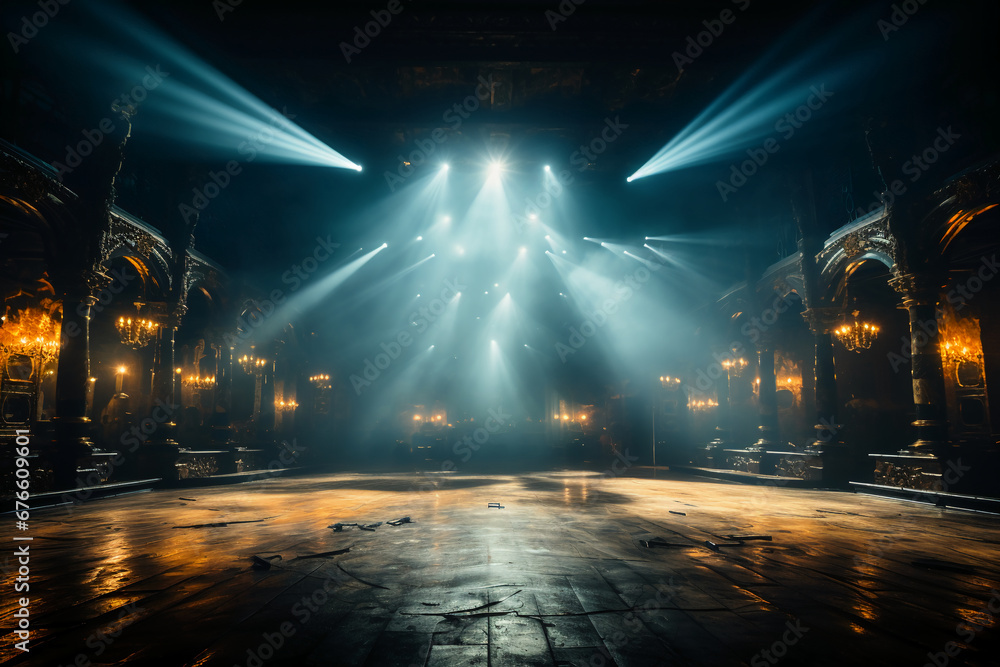 An empty stage club with blue and yellow bright stage lights and lights ...