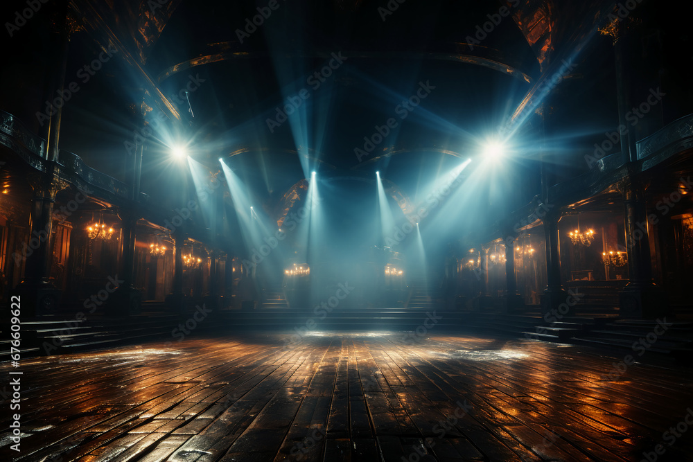An empty stage club with blue and yellow bright stage lights and lights ...