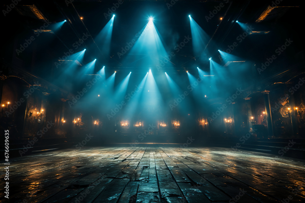 An empty stage club with blue and yellow bright stage lights and lights ...