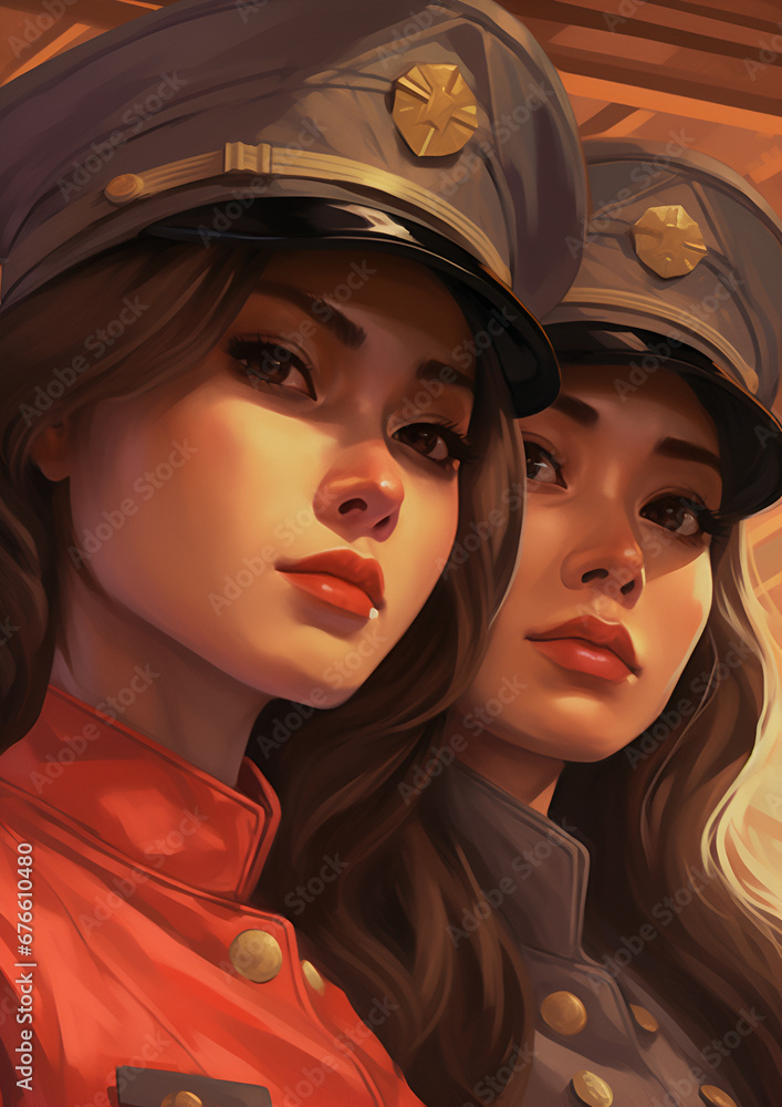 An illustration of a propaganda-style poster showcasing two Asian women ...