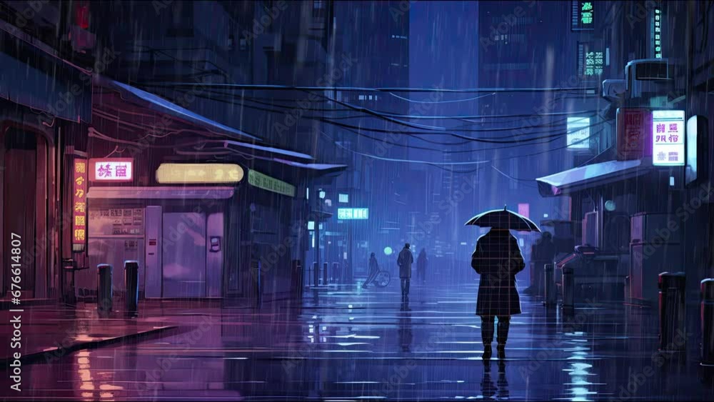 Seamless loop animation. people, Cyclist. Standing Rainy Night City ...