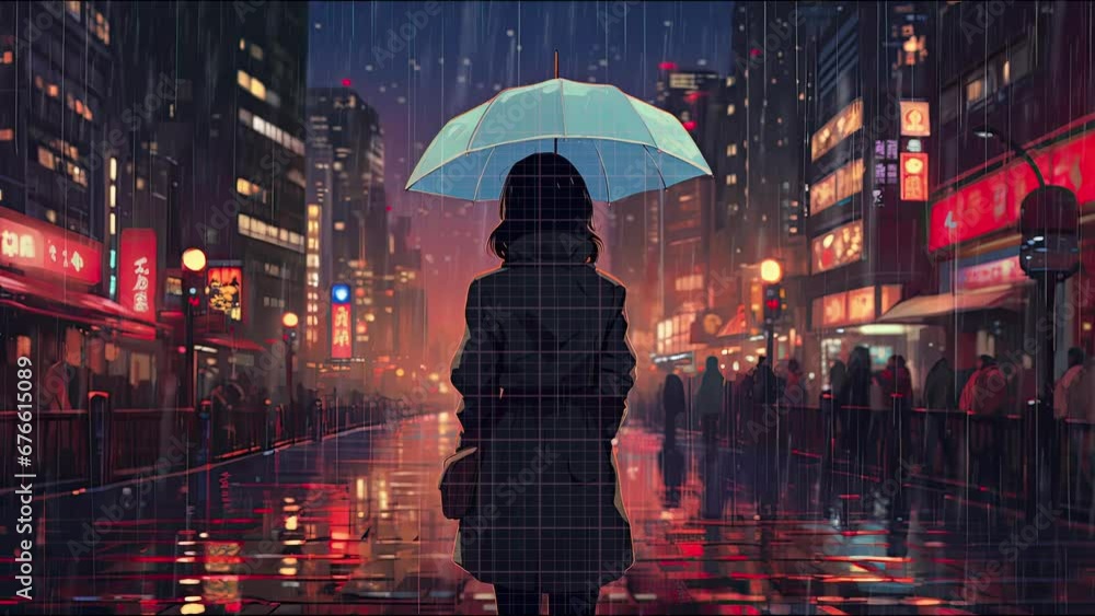 Seamless loop animation. people, Girl. Standing Rainy Night City ...