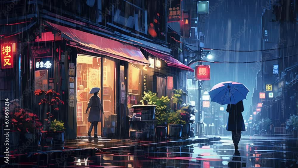 Seamless loop animation. people, Street Vendor. Standing Rainy Night ...