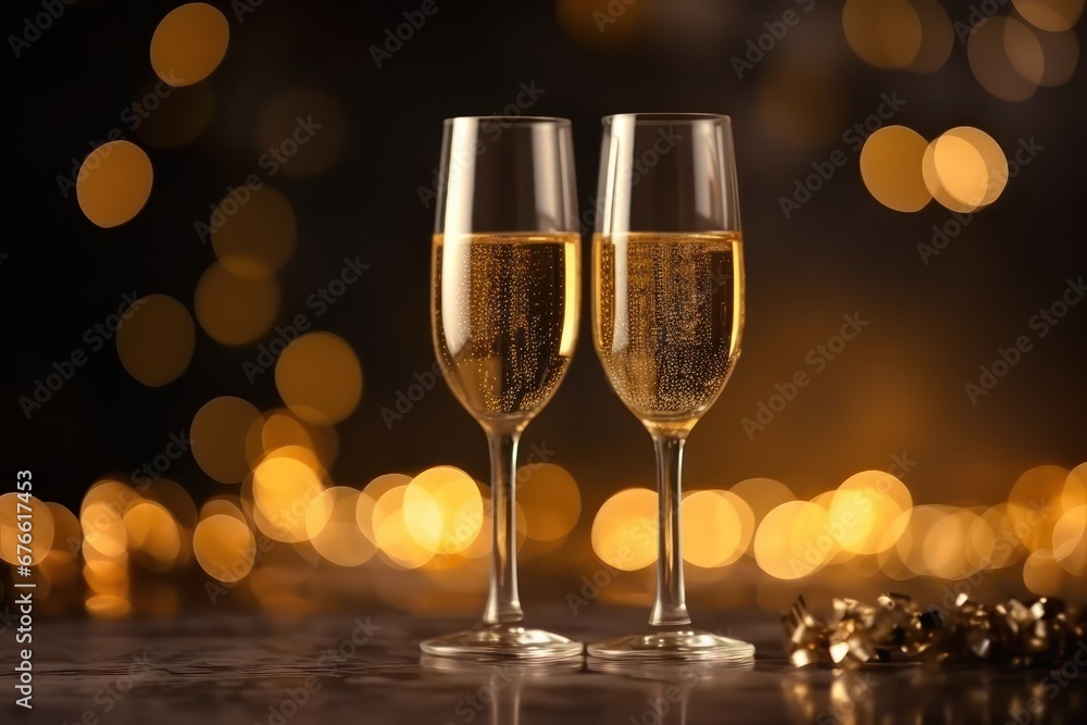Champagne on golden bokeh background for celebration Drink Stock ...