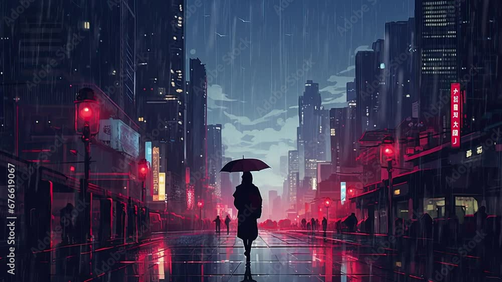 Seamless loop animation. people, Musician. Standing Rainy Night City ...