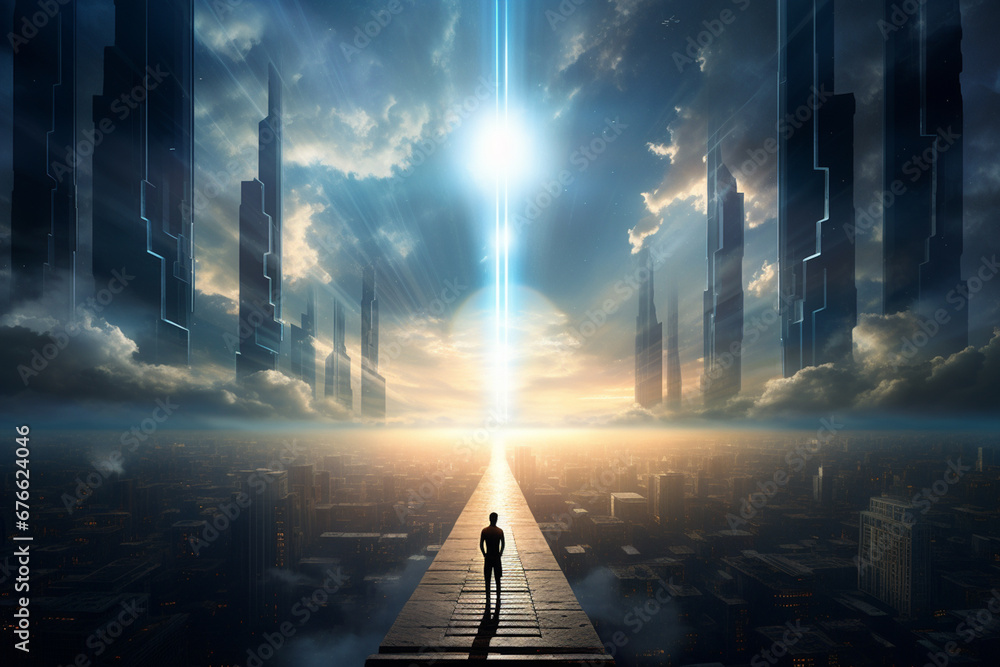 A futuristic cityscape with beams of light breaking through dark clouds ...