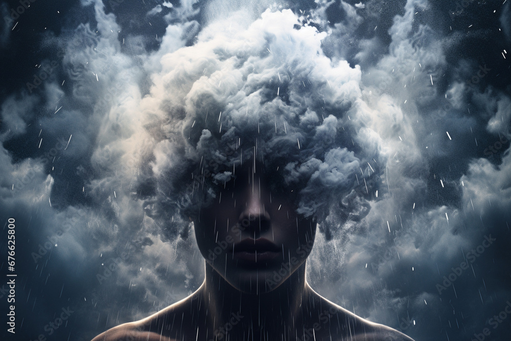 Negative thinking concept with head in storm clouds and lighting ...