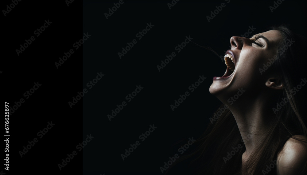 Depressed Woman Shouting Isolated In A Black Background Nervous