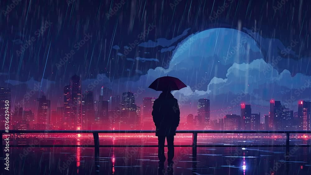 Seamless loop animation. people, Boy. Standing Rainy Night City Holding ...