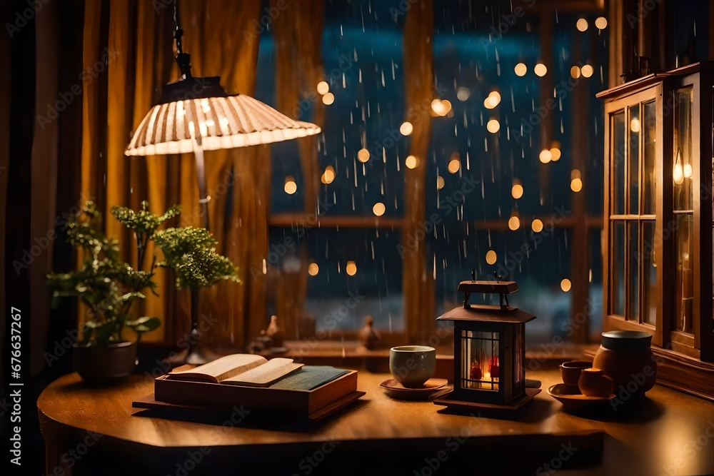 Room interior featuring a spacious window, rain pouring outside, warm ...