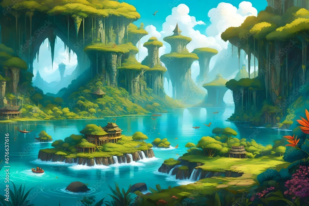 A gaming background illustration set in a mythical realm, floating ...