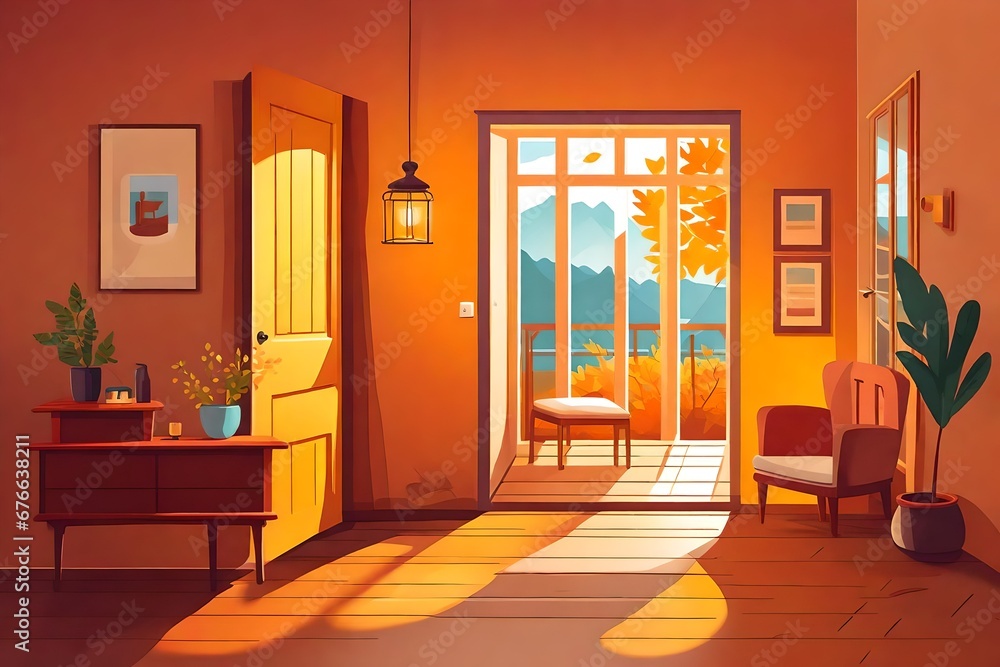 Flat cartoon-style vector art presenting a hallway adorned with ...