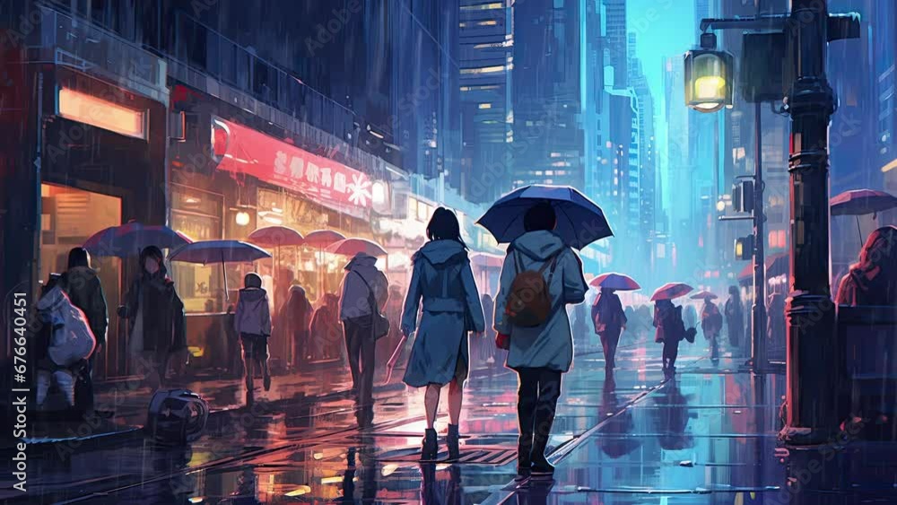 Seamless loop animation. people, School Kids. Standing Rainy Night City ...