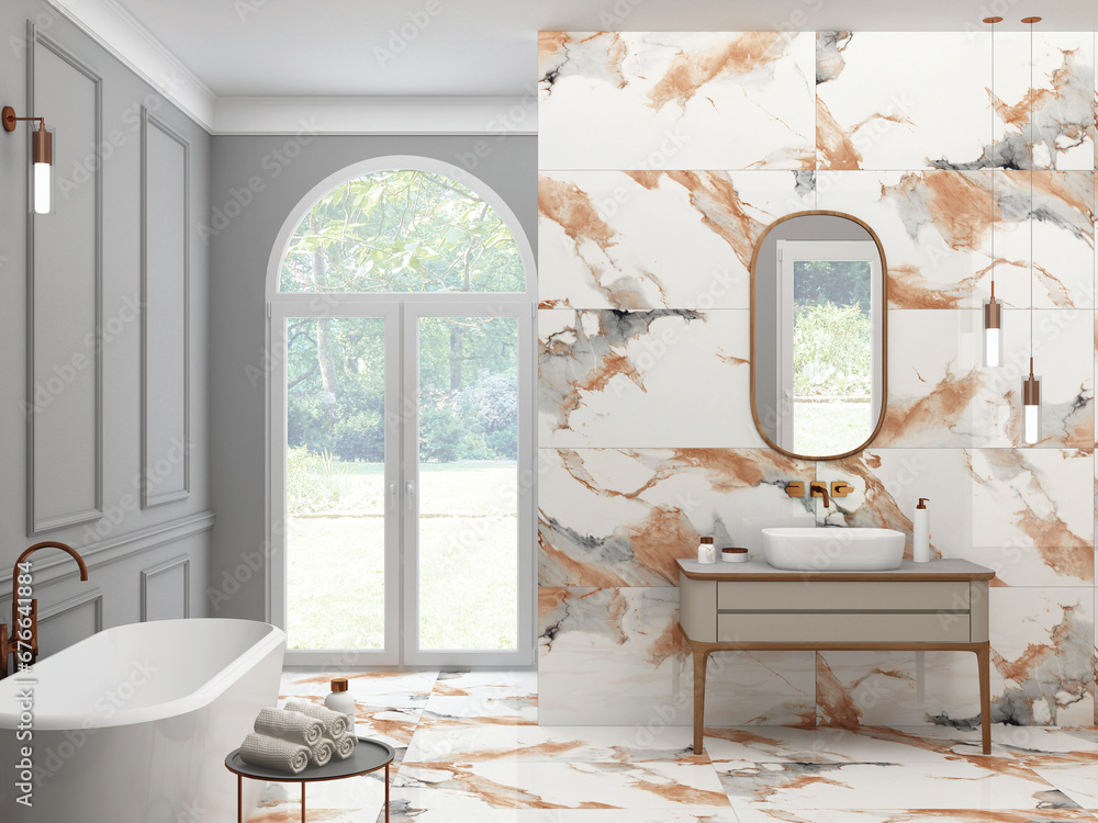 Side view of modern bathroom interior with white walls and floor too ...