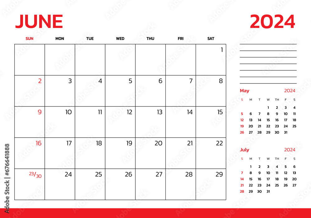 June 2024 Calendar. Week start on Sunday. Desk calendar 2024 design ...