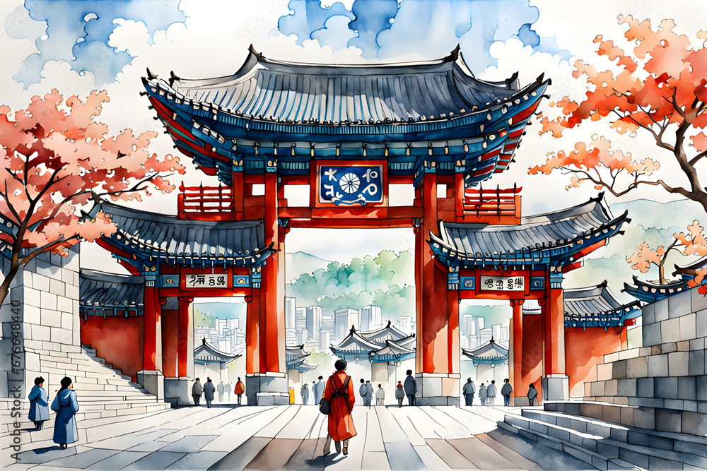 Draw me a landscape of Seoul with Gwanghwamun Gate. Generative AI Stock ...