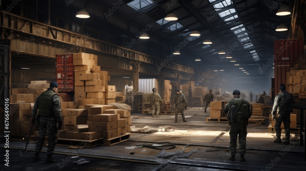 Hangar. Military air base. Loading works. Military supply system for ...