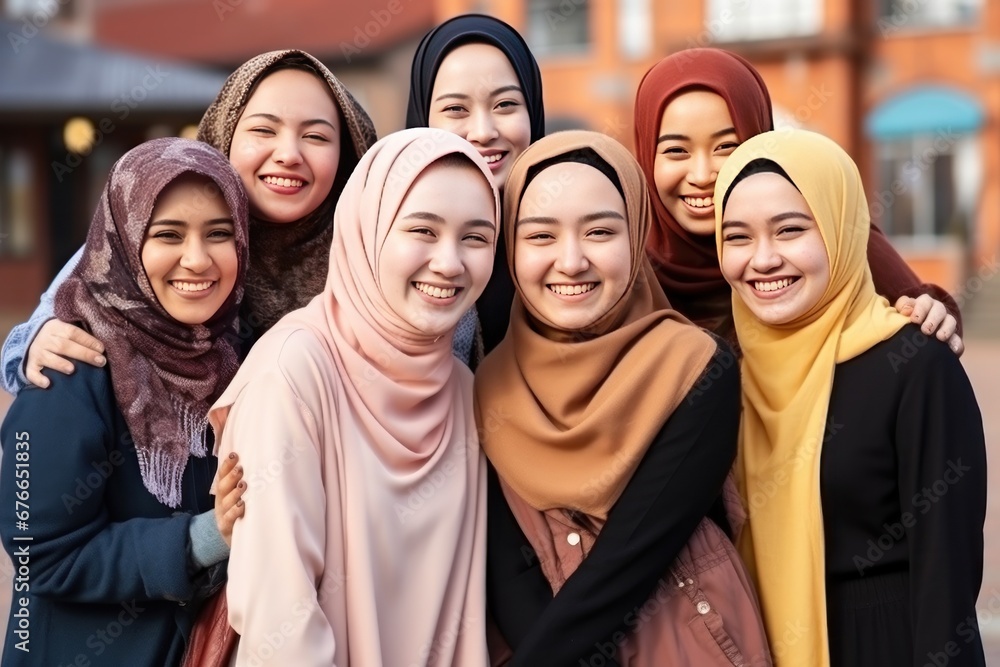 Women of different nationalities interact by smiling and embracing ...