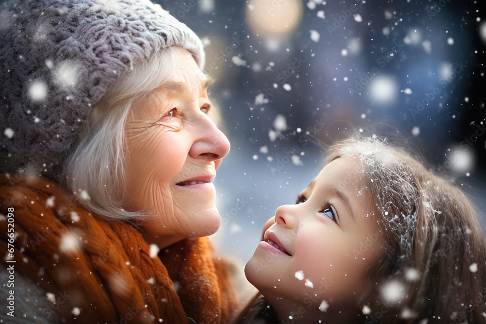Grandmother and granddaughter warmly dressed in winter during snowfall ...