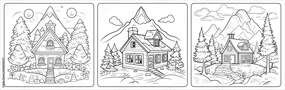 Cute house trees and mountains coloring page for kids Stock Vector ...