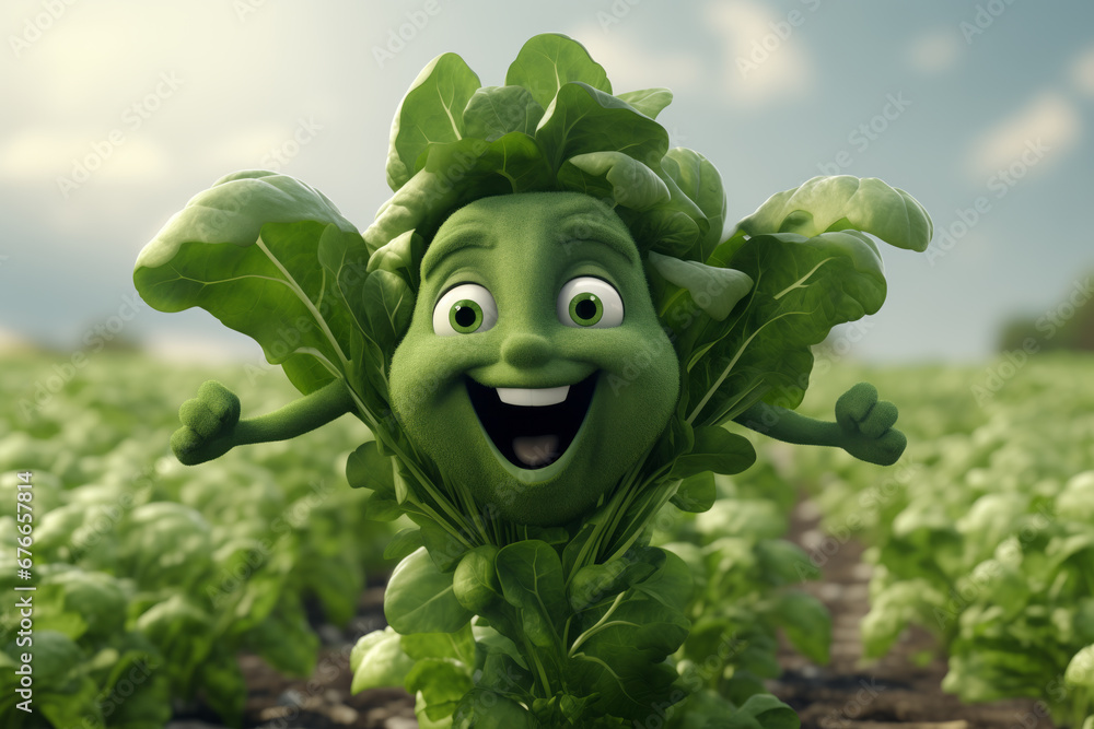 Cheerful animated green spinach with a smile on its face in the ...