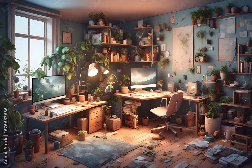 isometric messy nostalgic bedroom with a gaming pc, windows, plants ...