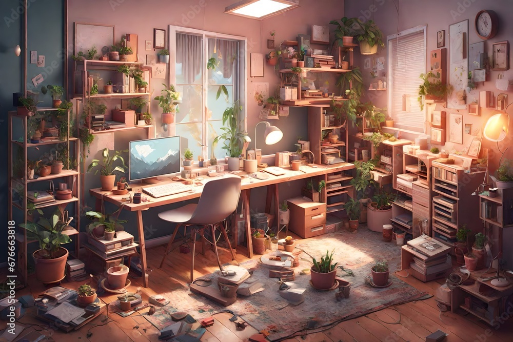isometric messy nostalgic bedroom with a gaming pc, windows, plants ...