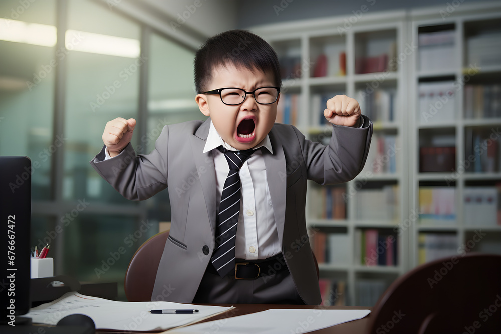 portrait of angry Asian baby wearing business suit yelling in office ...