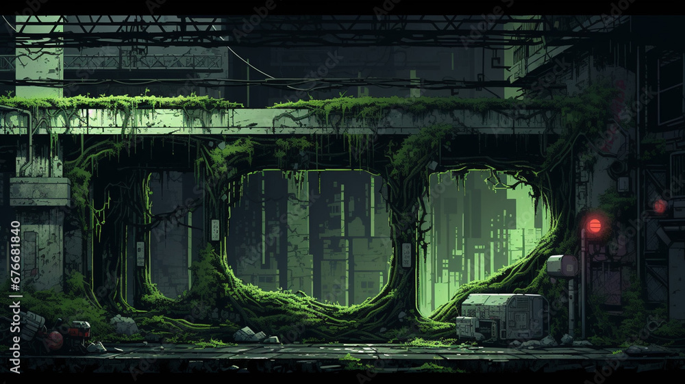 Pixel Art Scene An Abandoned Cyberpunk Subway Station Stock ...