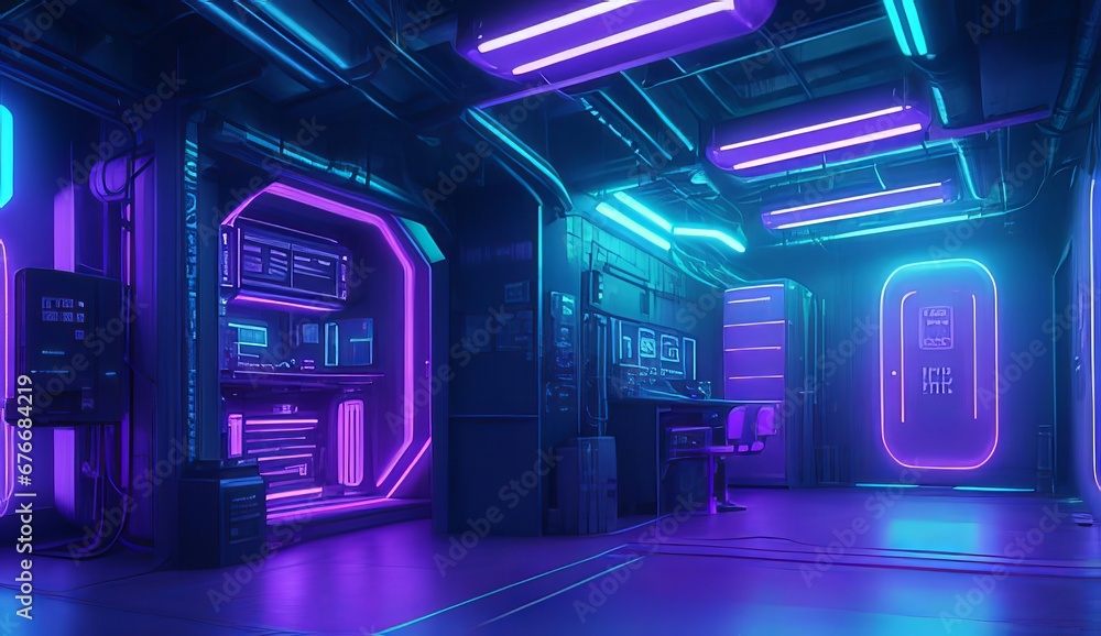 360 degree panorama of neon light industrial basement room with cyber ...