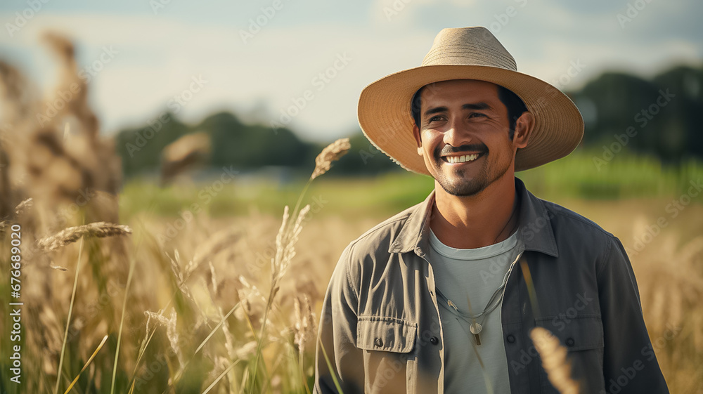 a adult white american farmer man standing on a wheat grass field ...