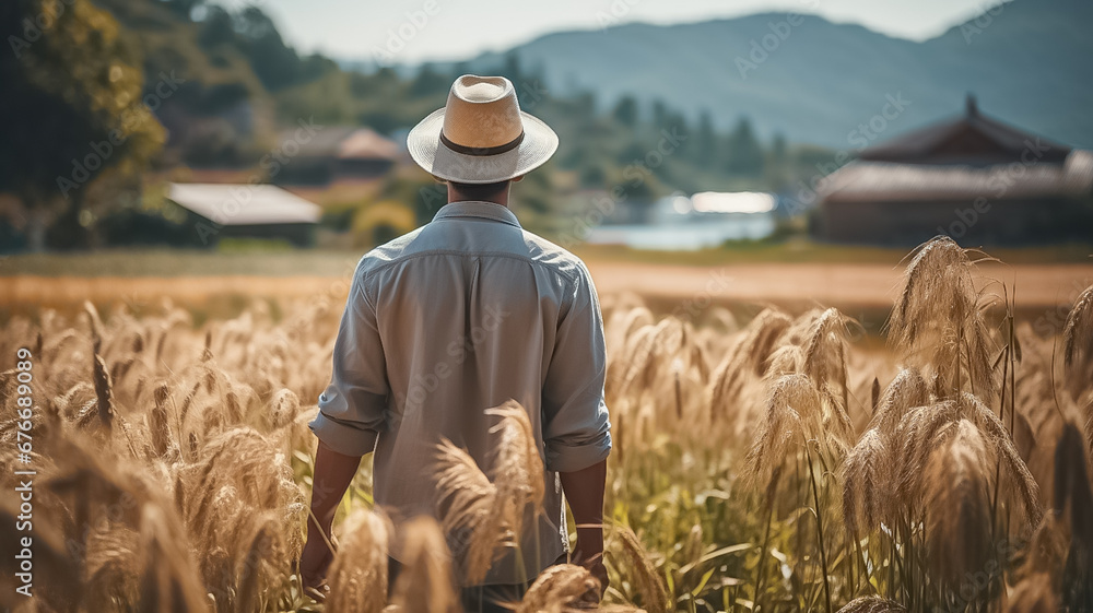 a adult white american farmer man standing on a wheat grass field ...
