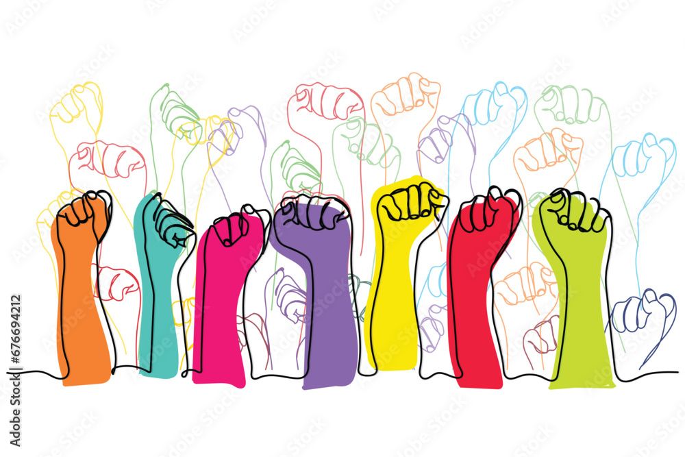 Row of man hands showing clenched fist gesture. Victory or protest ...