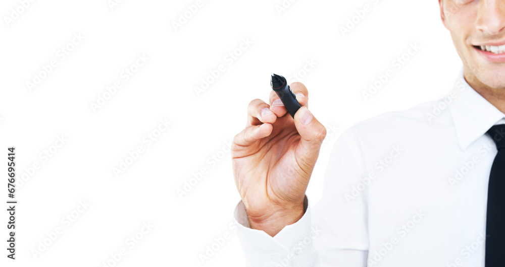 Pen, marker and hand of man writing in white background, studio and ...