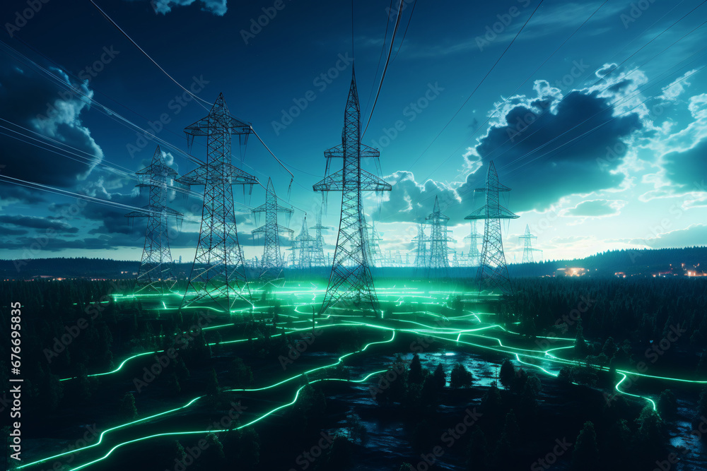 Power grid at night with green energy flowing through it depicting the ...