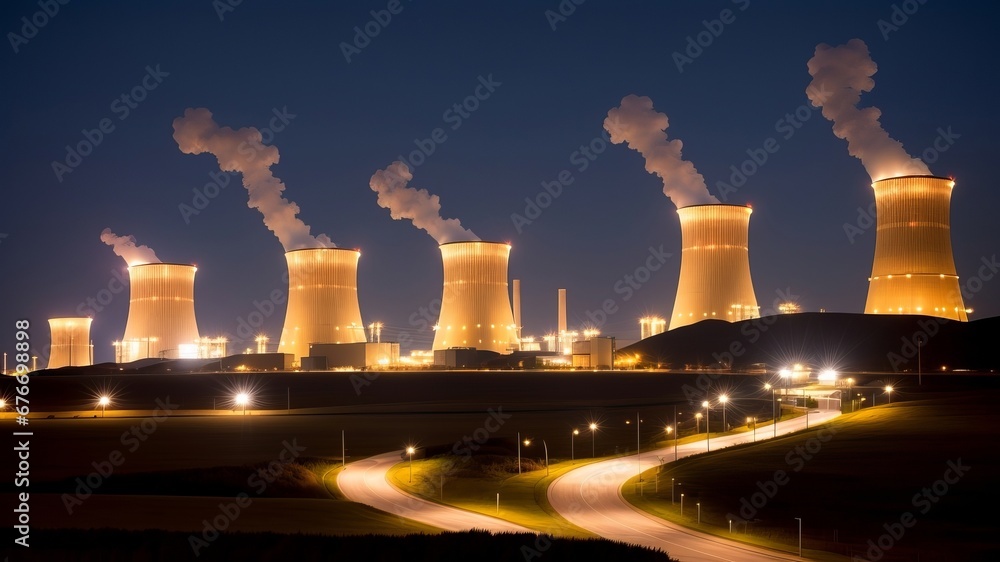Nuclear Power plant at night with chimneys and cooling towers. AI ...