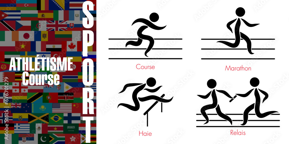 Ensemble de pictogrammes représentant en athlétisme les 4 disciplines ...