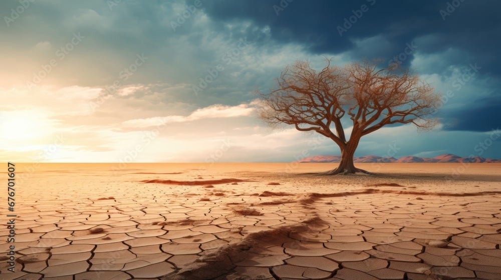 Isolated dead tree in drought land, dry land desert area with cracked ...